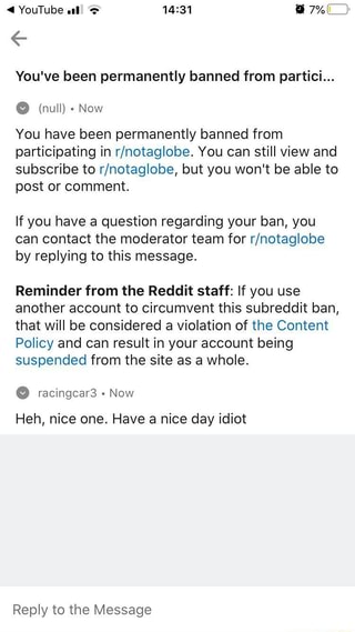 YouTube al You've been permanently banned from partici... (null) Now ...