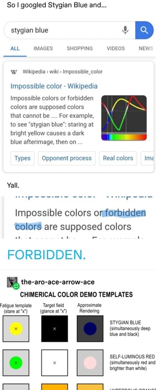 So I googled Stygian Blue and... W Wikipedia Impossible color ...