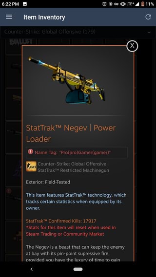 StatTrak™ Negev I Power Loader O name Tag: "Pro(pro)Gamer(gamer ...