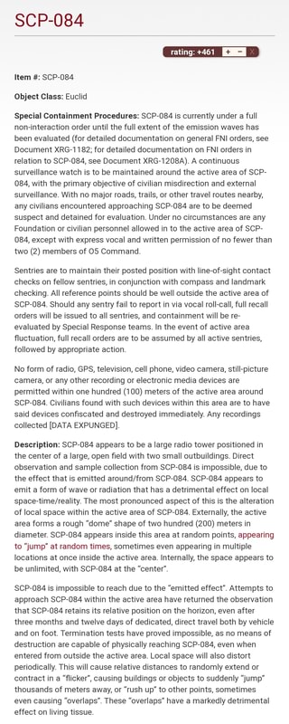 Special Containment Procedures: SCP-084 is currently under a full non ...