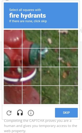 Select all squares with ﬁre hydrants If there are none, click skip Completing the CAPTCHA proves ...