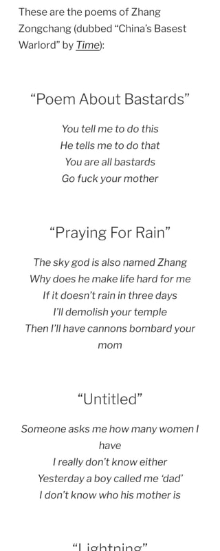 These are the poems of Zhang Zongchang (dubbed "China's Basest Warlord ...