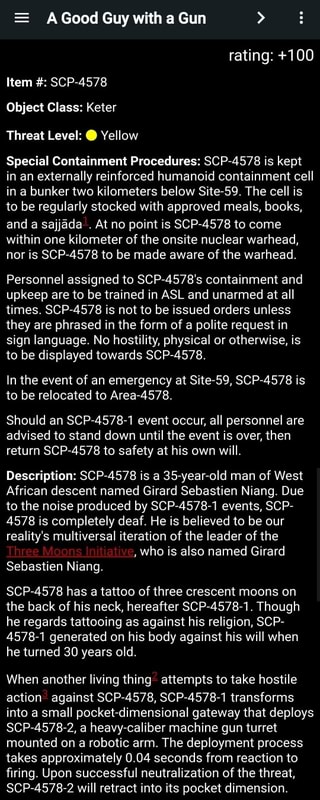 Item SCP-4578 Object Class: Keter Threat Level: O Yellow Special ...