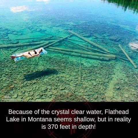 Because of the crystal clear water, Flathead Lake in Montana seems shallow, but in reality is ...