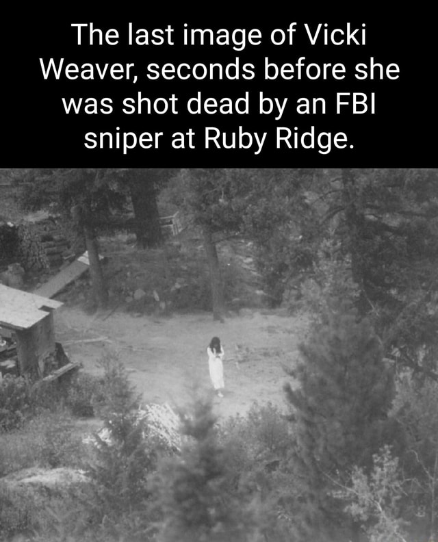The last image of Vicki Weaver, seconds before she was shot dead by an FBI sniper at Ruby Ridge ...