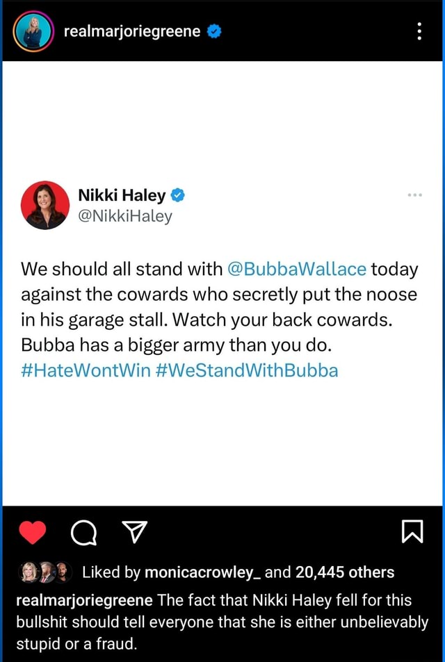 Realmarjoriegreene @ Nikki Haley @NikkiHaley We should all stand with ...