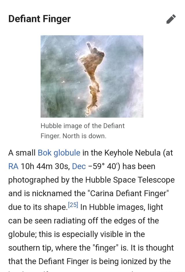Defiant Finger Hubble image of the Defiant Finger. North is down. A ...