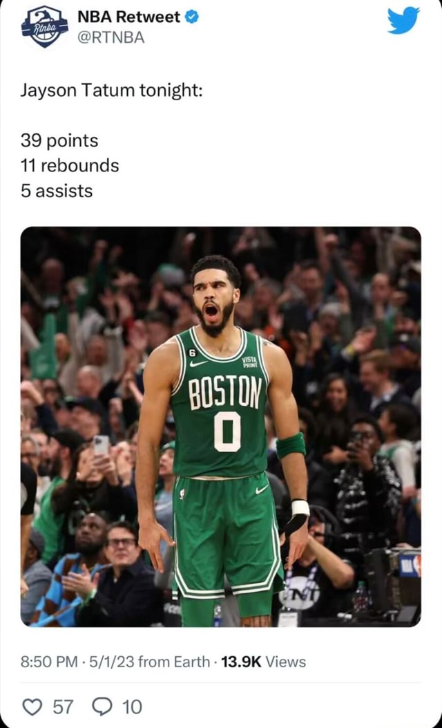 Jayson Tatum tonight: 39 points 11 rebounds 5 assists $:50 PM from ...