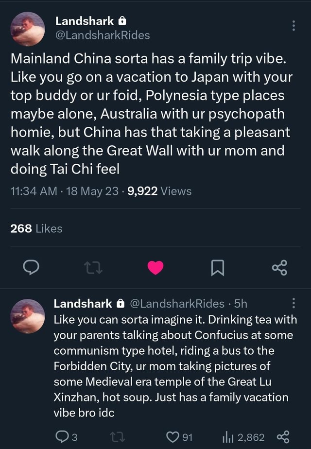 Landshark @LandsharkRides Mainland China sorta has a family trip vibe ...