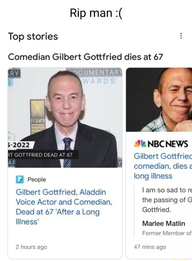 Rip man Top stories Comedian Gilbert Gottfried dies at 67 NBCNEWS ...