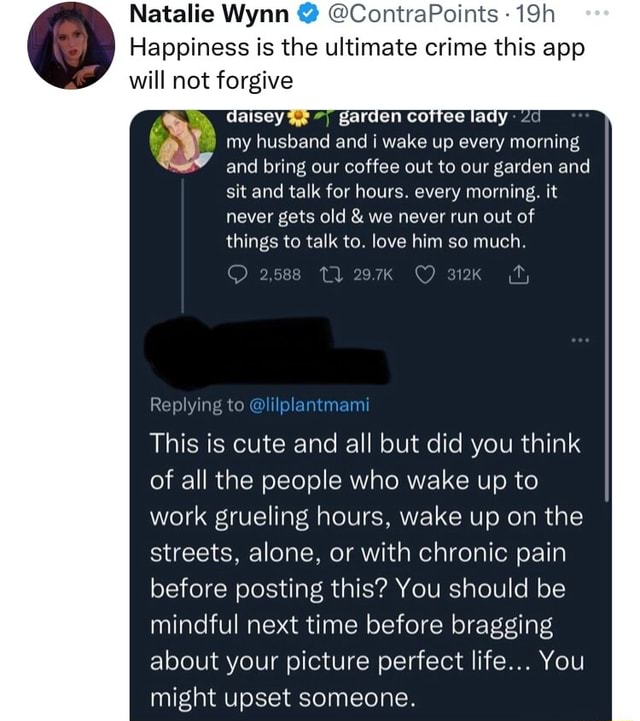 Natalie Wynn @ @ContraPoints Happiness is the ultimate crime this app ...