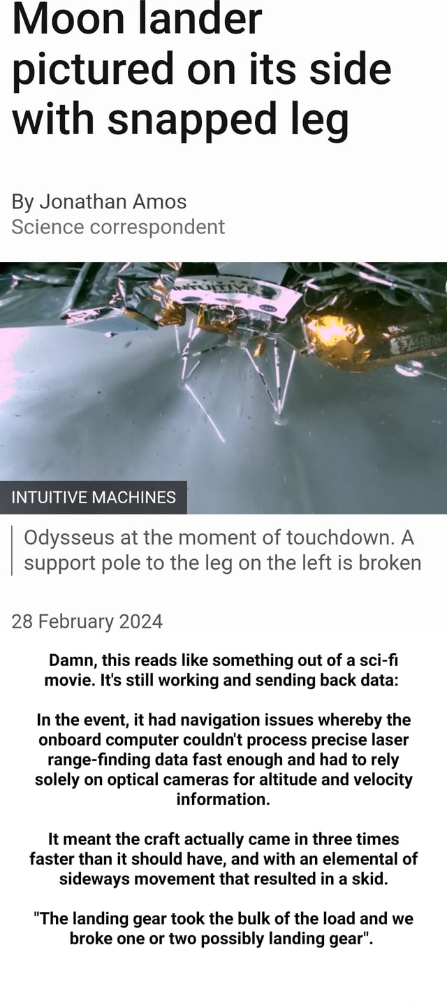 Moon lander pictured on its side with snapped leg By Jonathan Amos ...