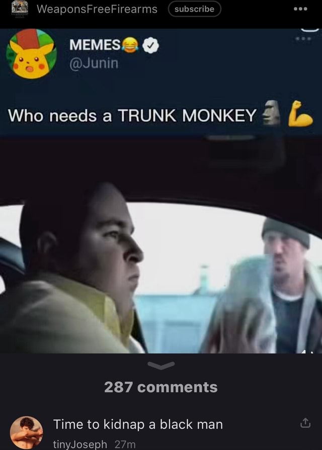WeaponsFreeFirearms subscribe MEMES@ @ @dJunin Who needs a TRUNK MONKEY # 287 comments Time to ...