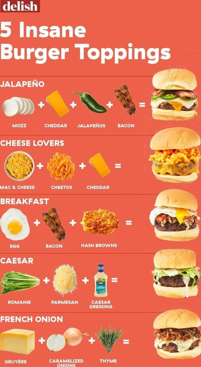 Delish 5 Insane Burger Toppings JALAPENO CHEDDAR JALAPENOS BACON CHEESE ...