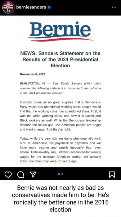 Berniesanders Bernie NEWS: Sanders Statement on the Results of the 2024 ...