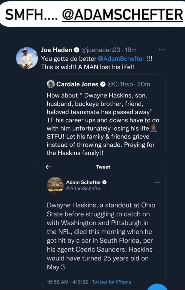 SMFH.... @ADAMSCHEFTER Joe Haden @ @joehaden23 You gotta do better ...