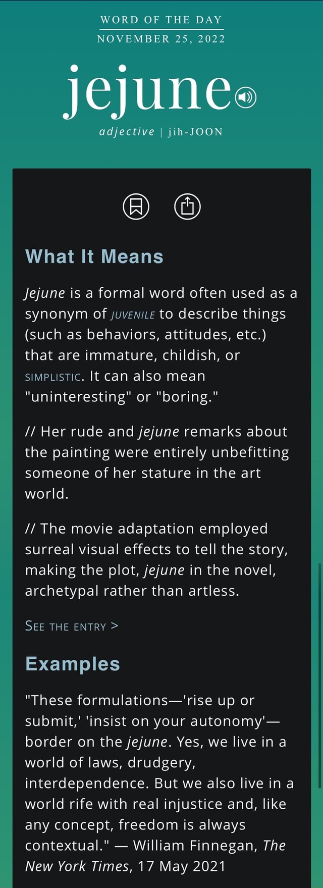 WORD OF THE DAY NOVEMBER 25, 2022 jJejunee adjective I jih-JOON What It ...