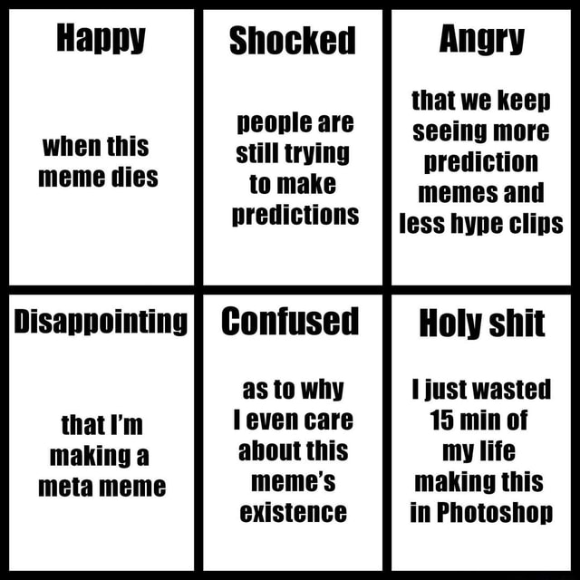 Happy Shocked Angry people are when this Still trying prediction meme ...