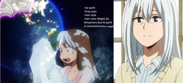 -Ice quirk -Gray eyes -Hair style -Hair color (Might be temporary due ...