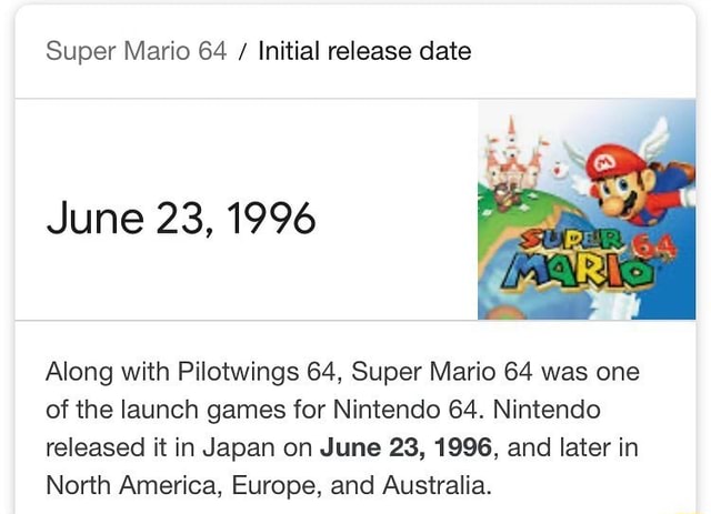 Super Mario 64 / Initial release date June 23, 1996 Along with ...
