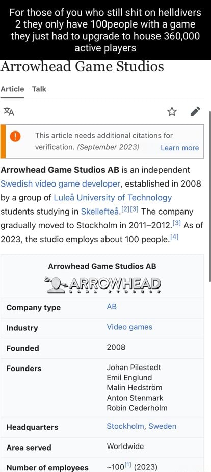 For those of you who still shit on helldivers 2 they only have 100people with a game they just ...