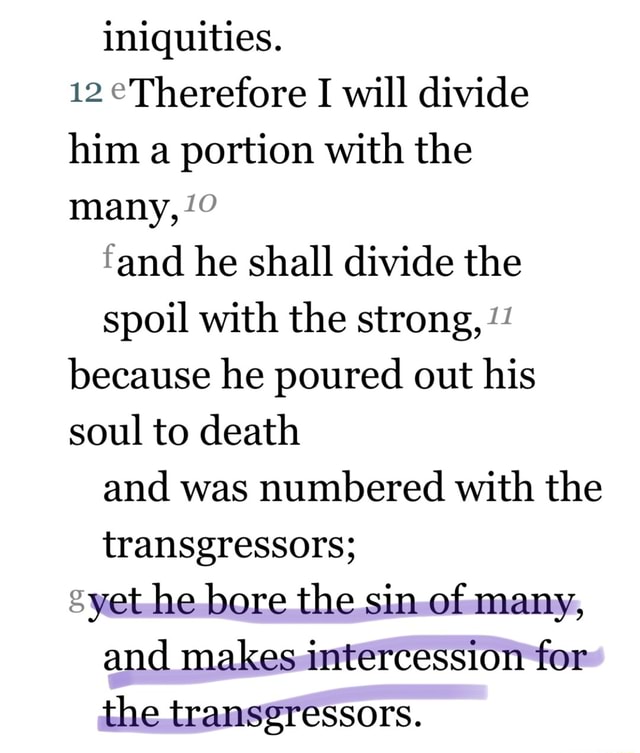 Iniquities. 12 Therefore I will divide him a portion with the many ...