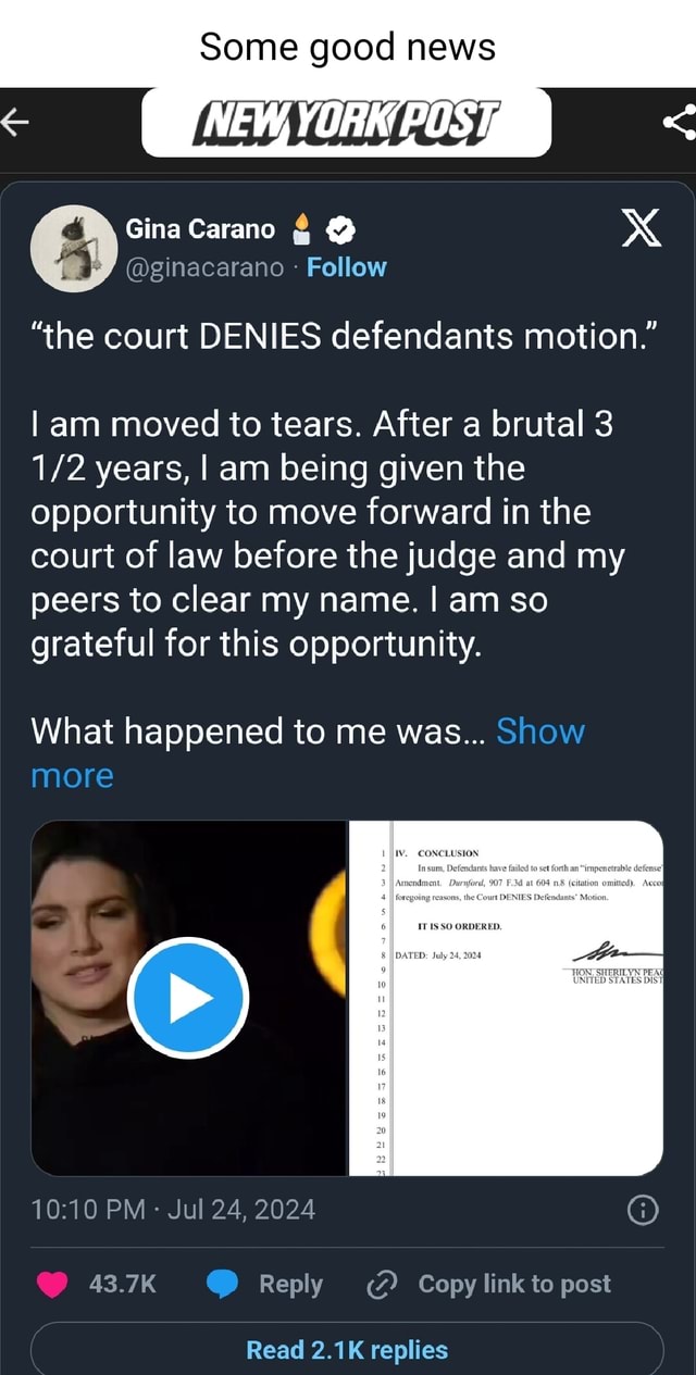 Some good news NEW, YORK POS Gina Carano "the court DENIES defendants ...