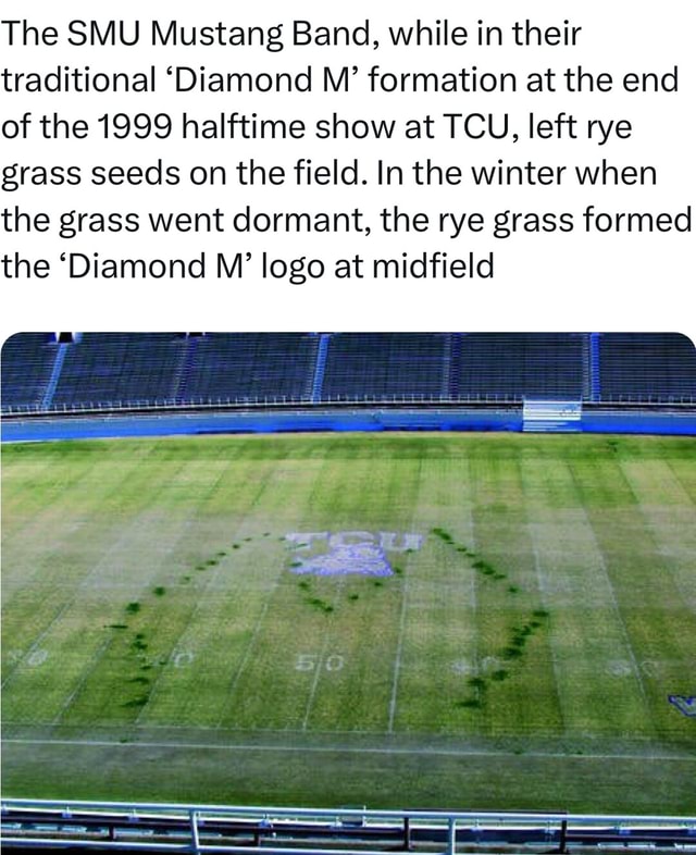 The SMU Mustang Band, while in their traditional 'Diamond M' formation ...
