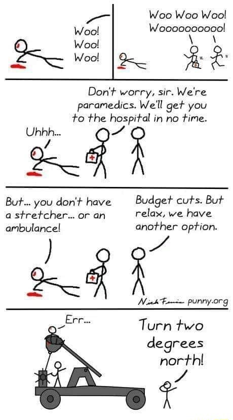 Woo Woo Woo! Don't worry, sir. We're paramedics. Welll get you to the ...