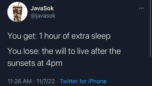 You get: 1 hour of extra sleep You lose: the will to live after the ...