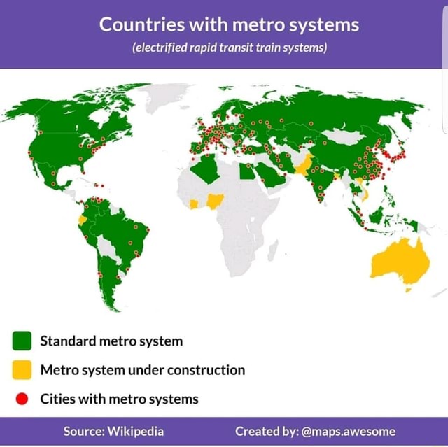 Countries with metro systems (electrified rapid transit train systems ...