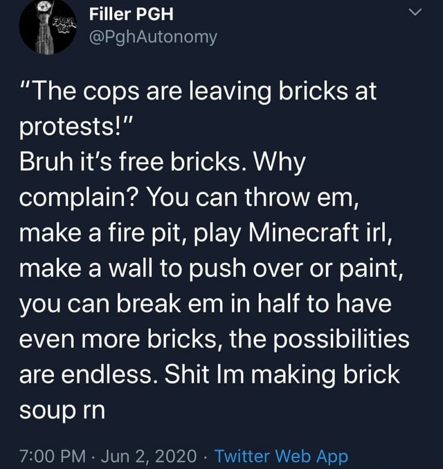 "The cops are leaving bricks at protests!" Bruh it's free bricks. Why ...