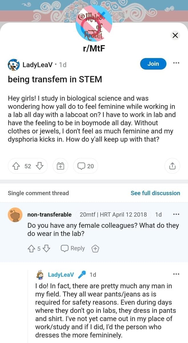 Being transfem in STEM Hey girls! I study in biological science and was ...