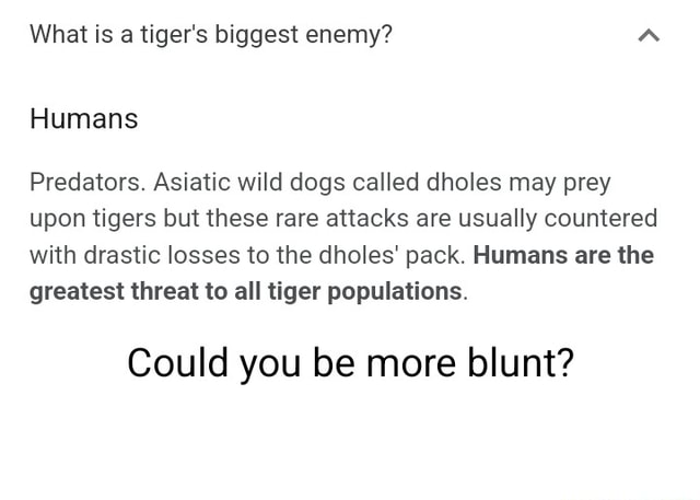 What is a tiger's biggest enemy? Humans Predators. Asiatic wild dogs ...