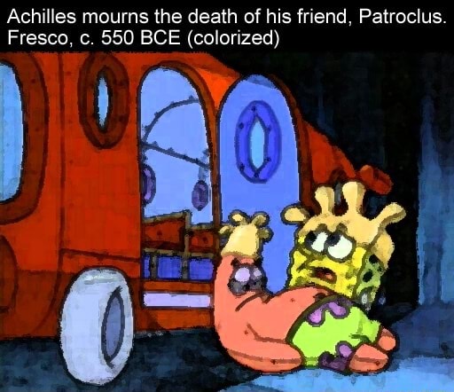 Achilles mourns the death of his friend, Patroclus. Fresco, c. 550 BCE ...