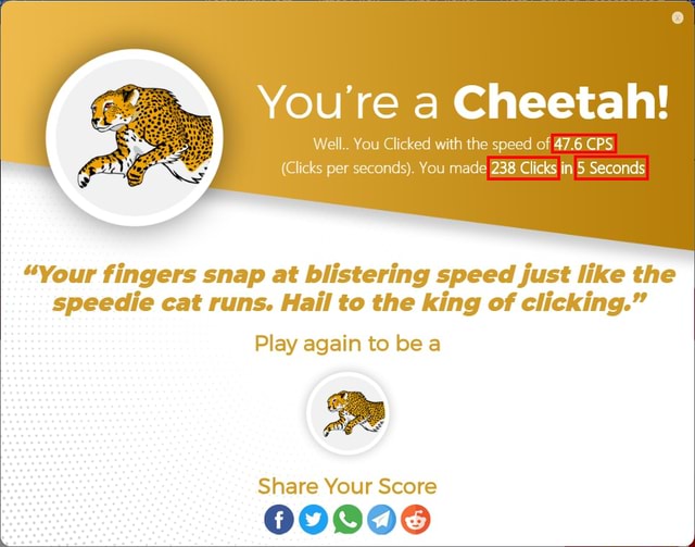 You're a Cheetah! Well.. You Clicked with the speed of 47.6 CPS (Clicks ...