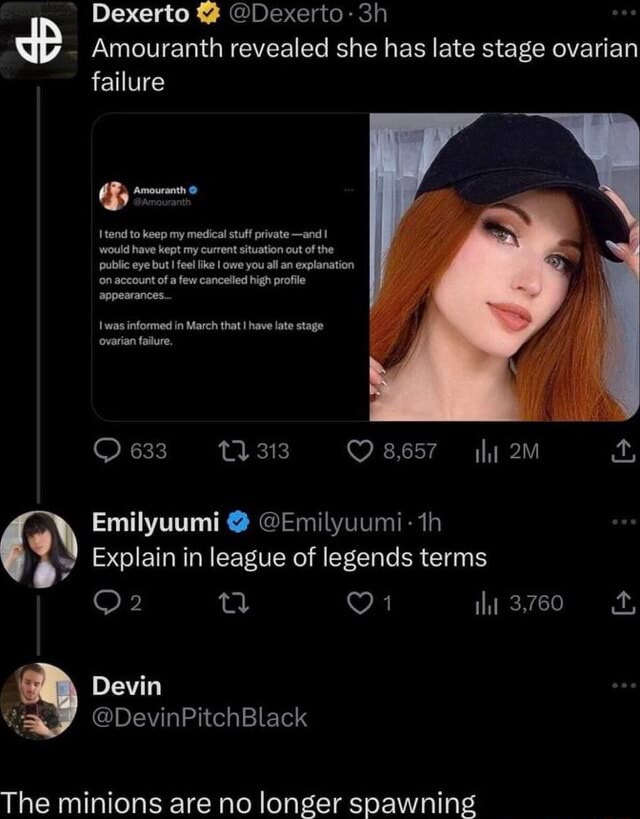 Dexerto @Dexerto- Amouranth revealed she has late stage ovarian failure ...