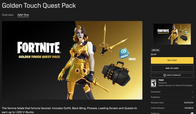Golden Touch Quest Pack Overview Add-Ons FORTNITE. GOLDEN TOUCH QUEST ...