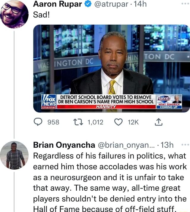 Aaron Rupar @atrupar Sad! DETROIT SCHOOL BOARD VOTES TO REMOVE DR BEN ...