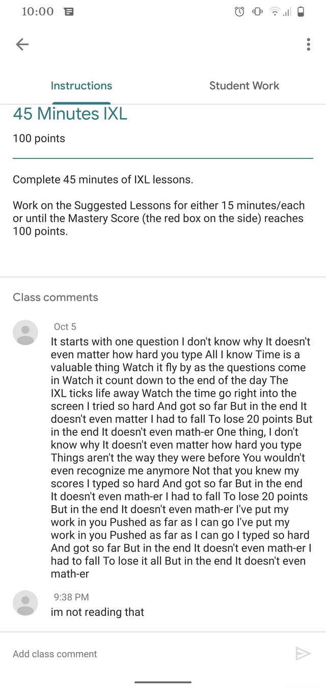 Instructions Student Work AS Minutes IXL 100 points Complete 45 minutes ...