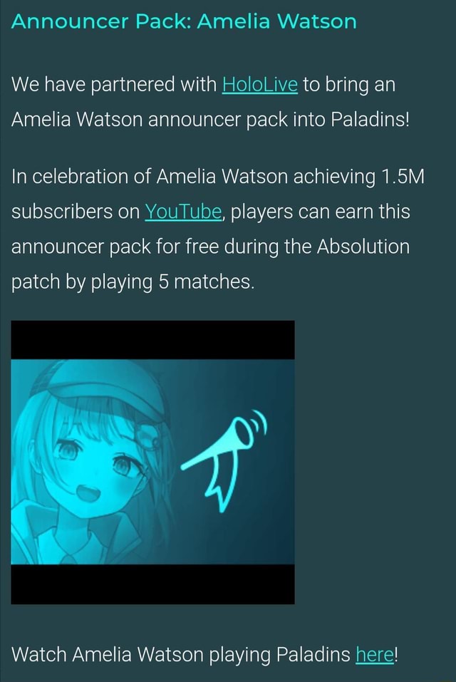 Announcer Pack: Amelia Watson We have partnered with HoloLive to bring ...
