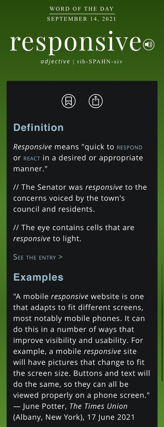 WORD OF THE DAY SEPTEMBER 14, 2021 responsivee adjective I rih-SPAHN ...