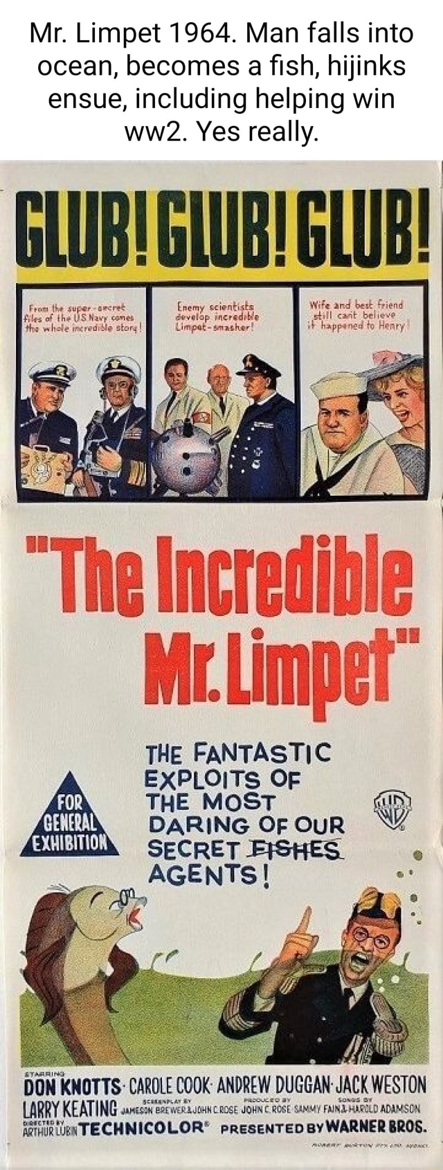 Mr. Limpet 1964. Man falls into ocean, becomes a fish, hijinks ensue ...