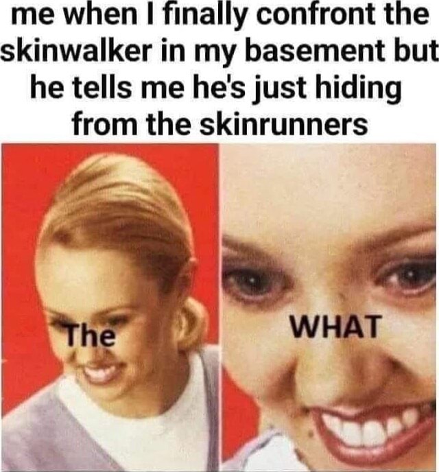 Me when I finally confront the skinwalker in my basement but he tells ...
