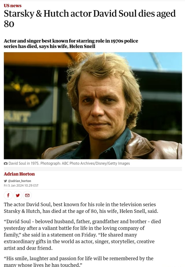 US news Starsky & Hutch actor David Soul dies aged 80 Actor and singer ...