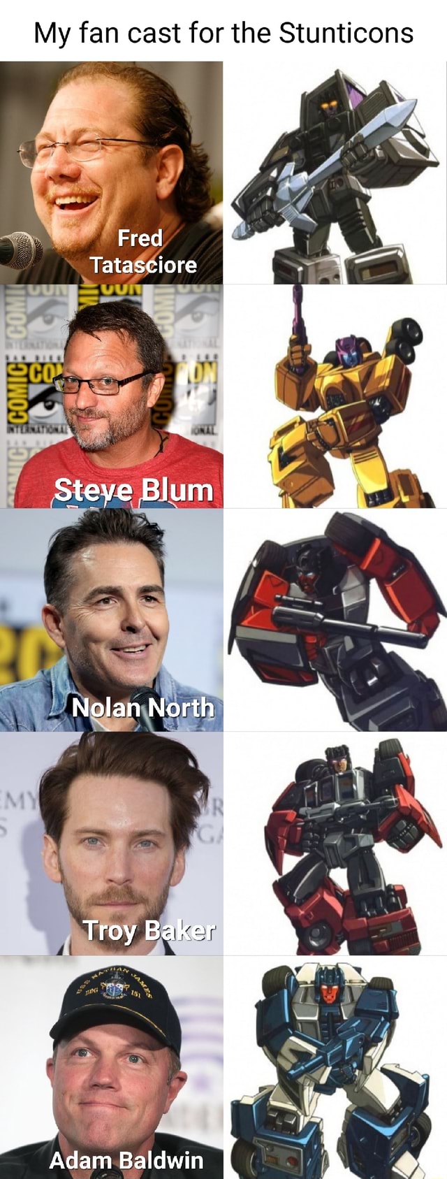 My fan cast for the Stunticons Fred Tatasciore Steve Blum Nolan North Troy Baker Adam Baldwin ...