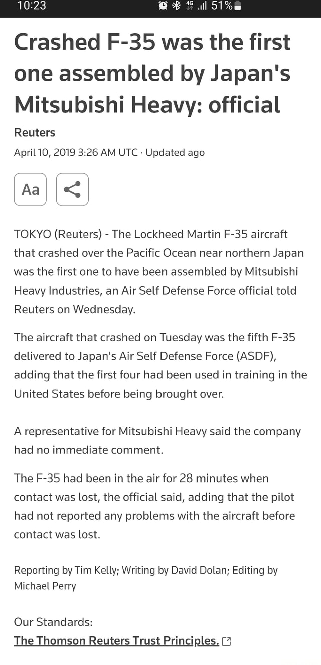 Crashed F-35 was the first one assembled by Japan's Mitsubishi Heavy ...