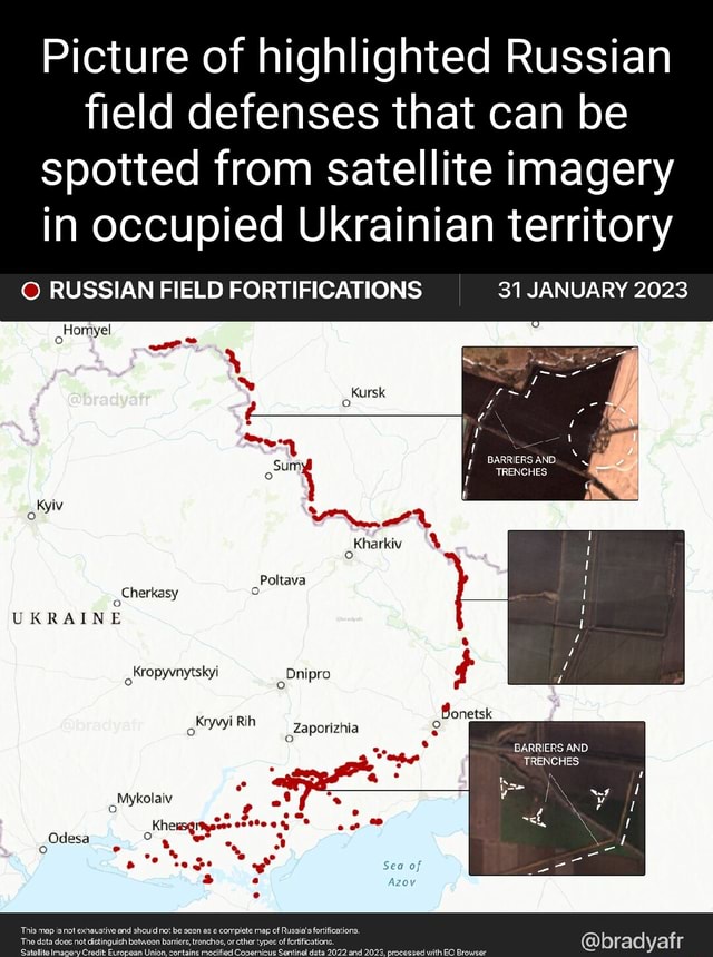 Picture of highlighted Russian field defenses that can be spotted from ...