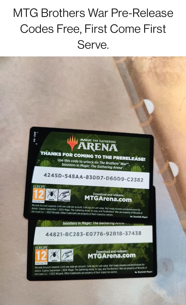 MTG Brothers War Pre-Release Codes Free, First Come First Serve. MAGIC THE GATHERING ENA THANKS ...