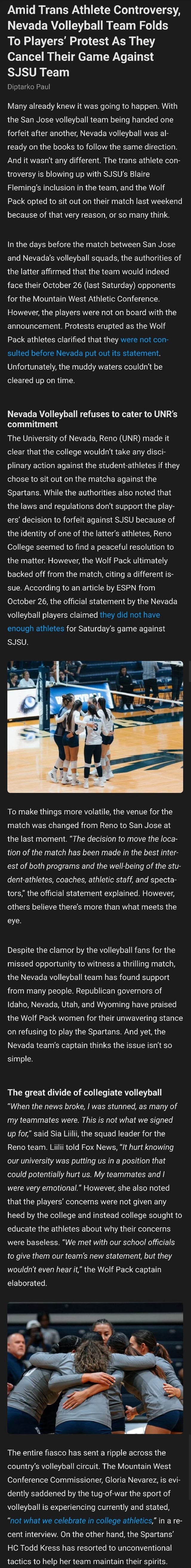 Amid Trans Athlete Controversy, Nevada Volleyball Team Folds To Players ...